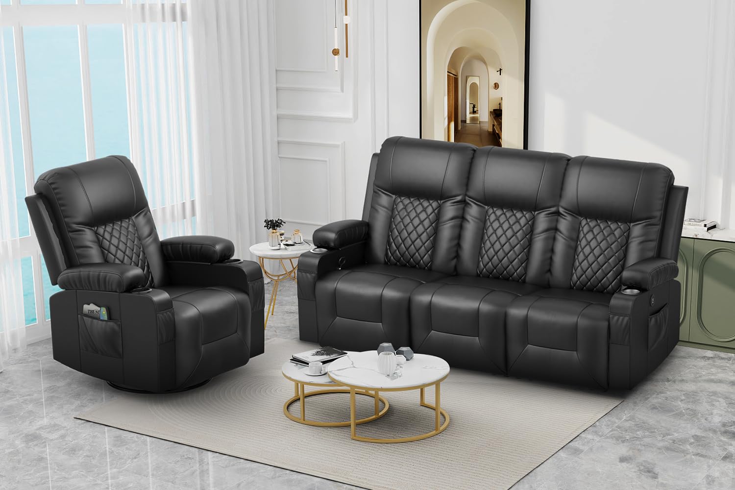 FURNIMAT Recliner Sofa Set with 3+1 Pieces in Living Room, 3 Seater Reclining Sofa, 1 Recliner Chair with 360 Degree Swivel Single Sofa Seat