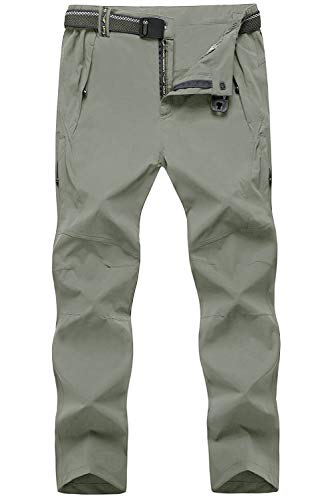 TBMPOY Men's Outdoor Lightweight Windproof Belted Quick-Dry Hiking Pants Thin Sage Green L