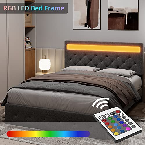Homhougo Full Bed Frame with LED Lights Headboard, LED Bed Frame with Fast-Charging USB Port, Upholstered Platform Bed Frame, No Box Spring Needed, Easy Assembly, Grey