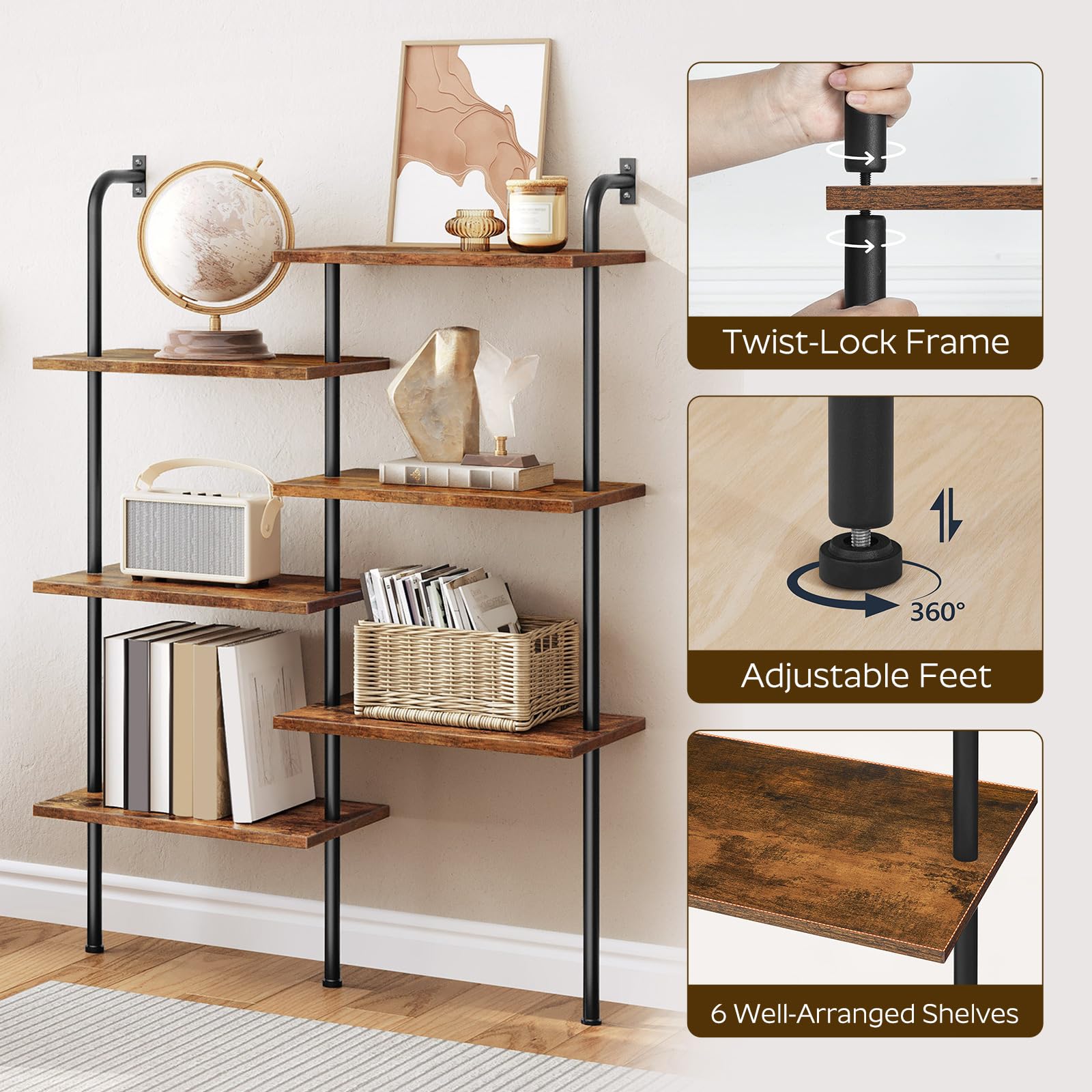 HOOBRO L-Shaped Ladder Shelf, 6-Tier Corner Bookshelf, Corner Wall Mount Bookcase, Display Shelf for Small Spaces, Anti-Tip Design, for Living Room, Balcony, Study, Rustic Brown and Black BF76CJ01