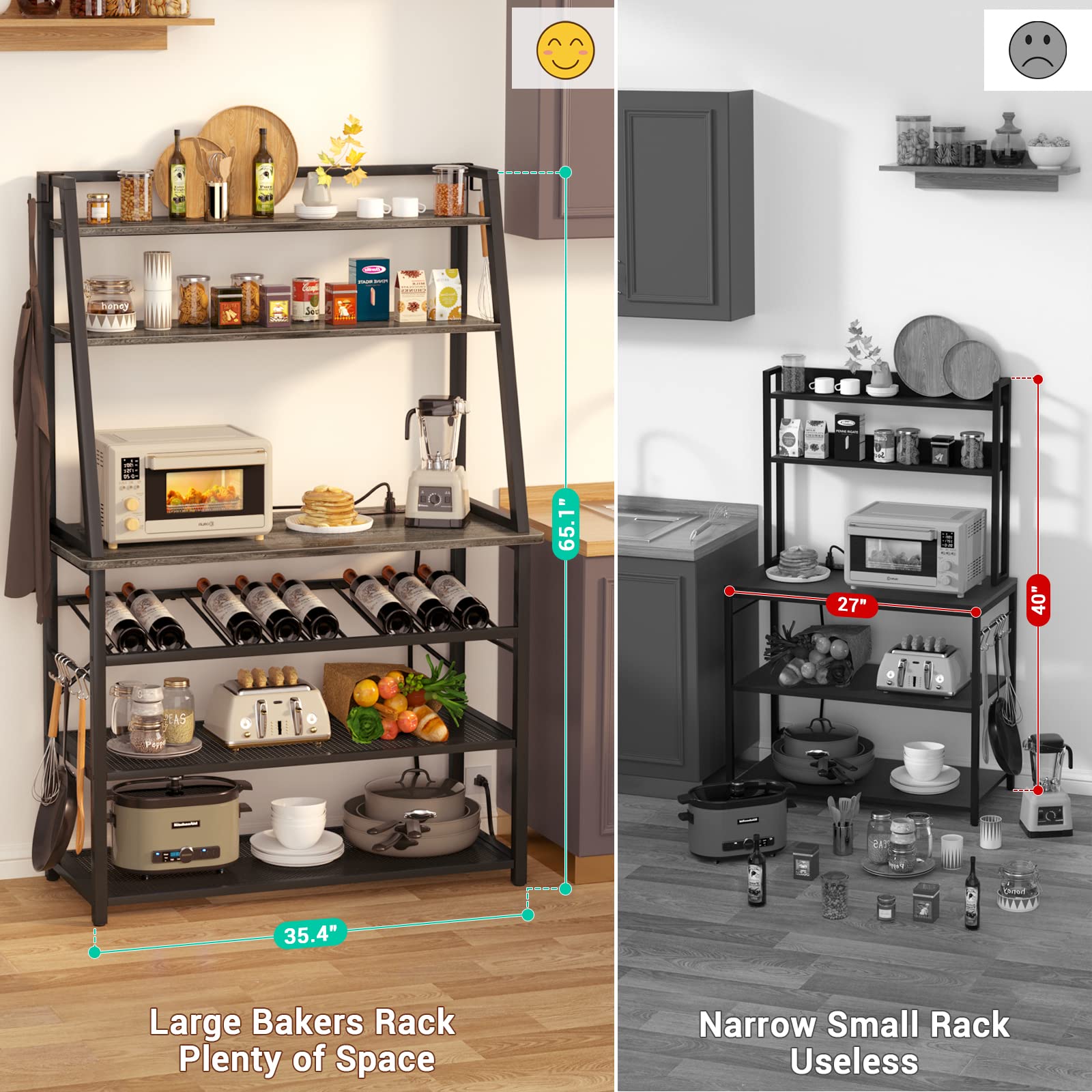 Cyclysio Bakers Rack with Power Outlet, 65.2 Inch Microwave Stands, 6 Tier Coffee Bar Station with Wine Rack, Lager Kitchen Baker Rack with Storage and 8 Hooks, Tall Kitchen Stand with Hutch, Grey