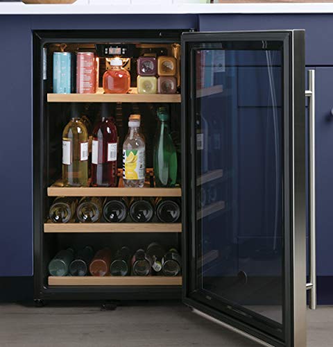 GE Wine Cooler & Beverage Refrigerator | Mini Fridge With Lock & Key Included | Complete With Oak Shelving, Glass Exterior & Warm Interior Lighting | Fits 109 Cans or 31 Wine Bottles | Stainless Steel