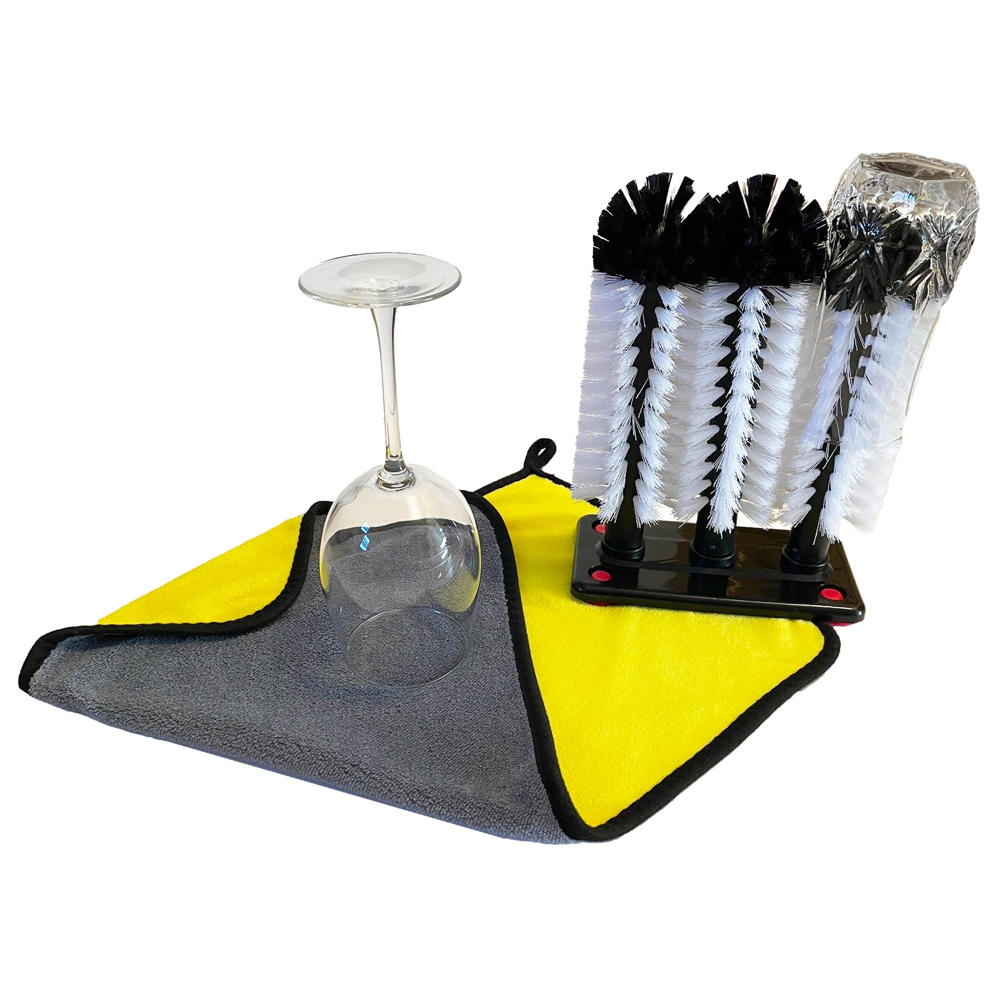 Glass Washer Brush - 2 Pack - 3 Brush Bar Glass Cleaner - Brushes for Large Cups Glasses and Bottles - Suction Cups for Stable Grip on Sink, Bar and Kitchen Top - Includes 2X Cleaning Cloths