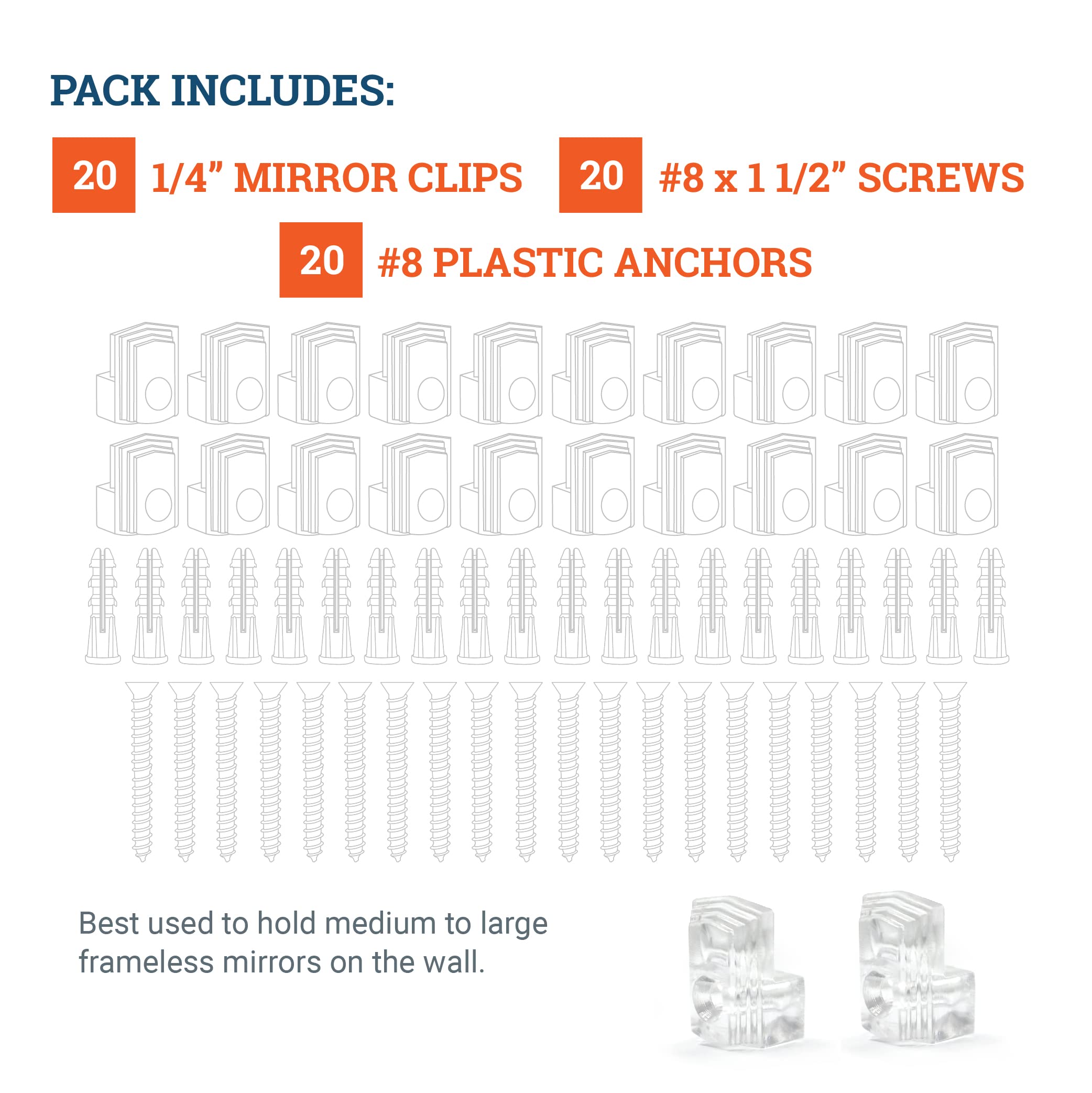 Clear Mirror Clips for Frameless Mirrors - Holds 1/4" Thick Glass - Pack of 20 Includes Anchors and Screws Kit