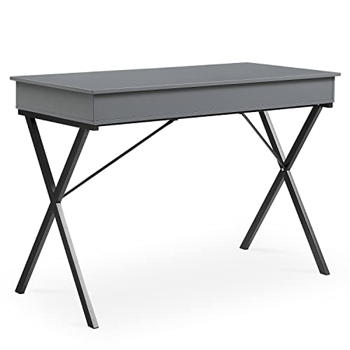 HomSof Frost Grey Finish 2 Drawers Writing Desk with Black Stoving Varnsih Steel Frame,MDF Table Top, Gray,42"