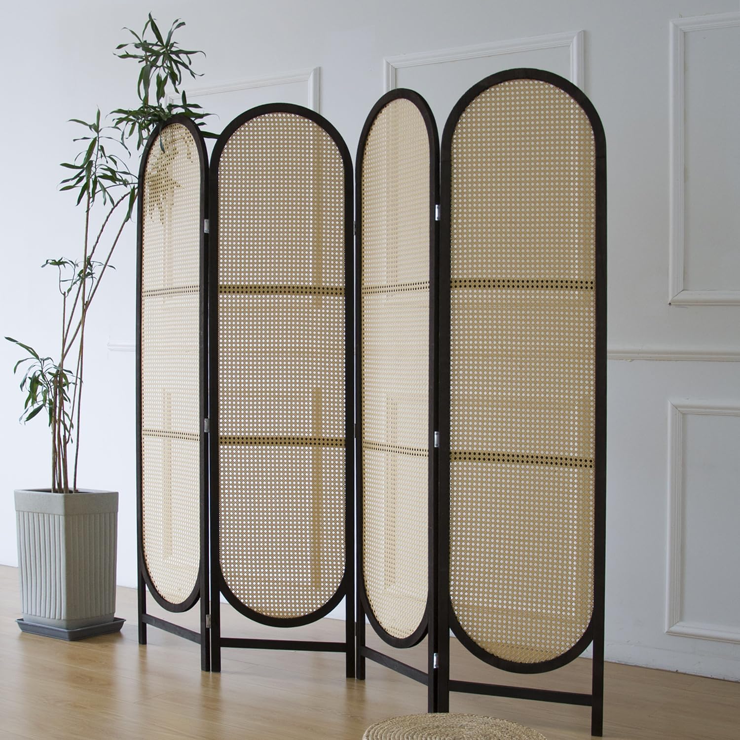 Furnnylane 4 Panel Room Divider Screen and Folding Room Divider Panel in Arch Shape,Double Sided Rattan Room Divider for Room Separation,70.9" H x 70.9" W