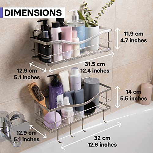 KINCMAX Shower Shelves 2-Pack - Self Adhesive Caddy with 4 Hooks - No Drill Large Capacity Stainless Steel Wall Shelf - Aesthetic Organizer for Inside Bathroom - Polished Silver