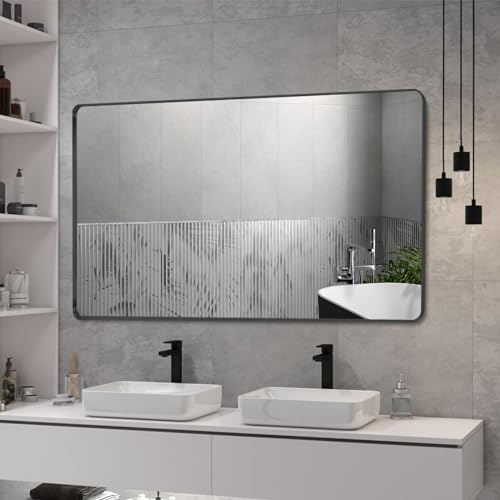 Niccy 47x30inch Wall Mirror for Bathroom, Large Rectangle Brushed Metal Framed Wall Mounted Vanity Mirror, HD Shatter-Proof Decorative Farmhouse Mirror, Hangs Horizontally or Vertically, Black