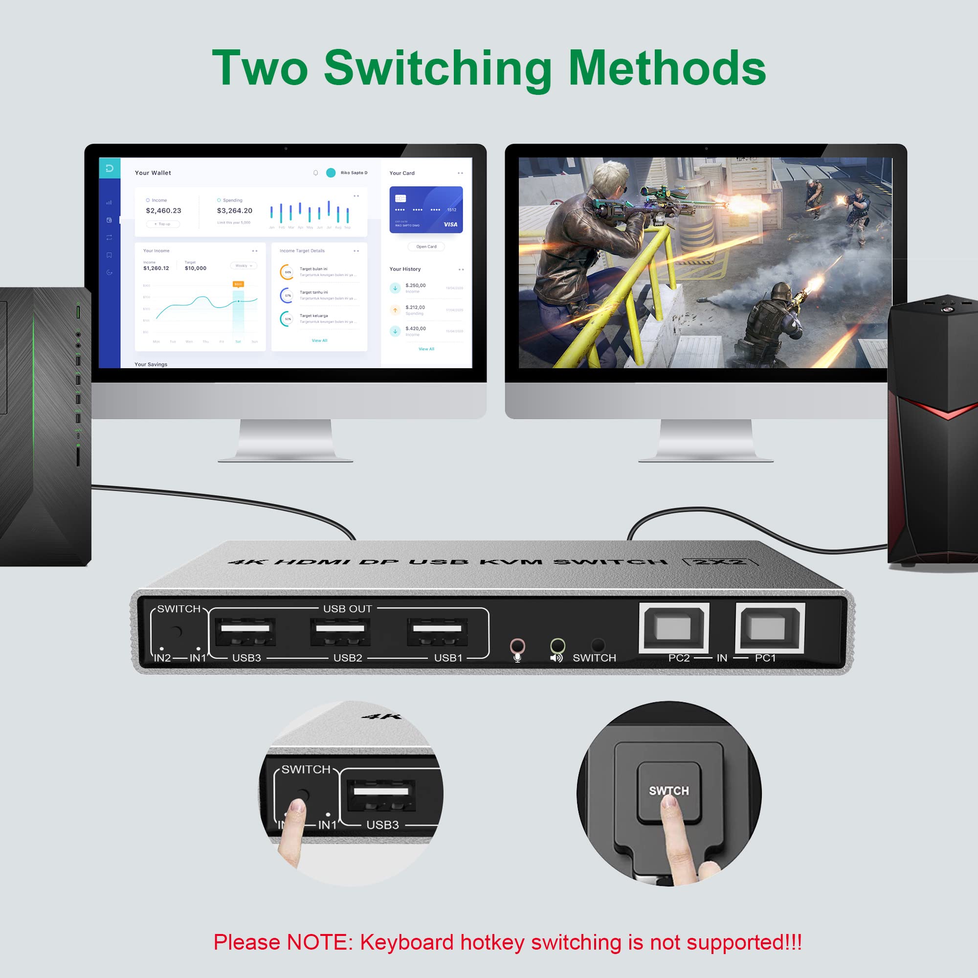 Dual Monitor DisplayPort HDMI KVM Switch 4K@60Hz 2-Port Extended Display 2 in 2 Out KVM Switch 2 Monitors 2 Computers Displayport and HDMI, with 3xUSB, Audio Port, Included 2xUSB Cables, Controller