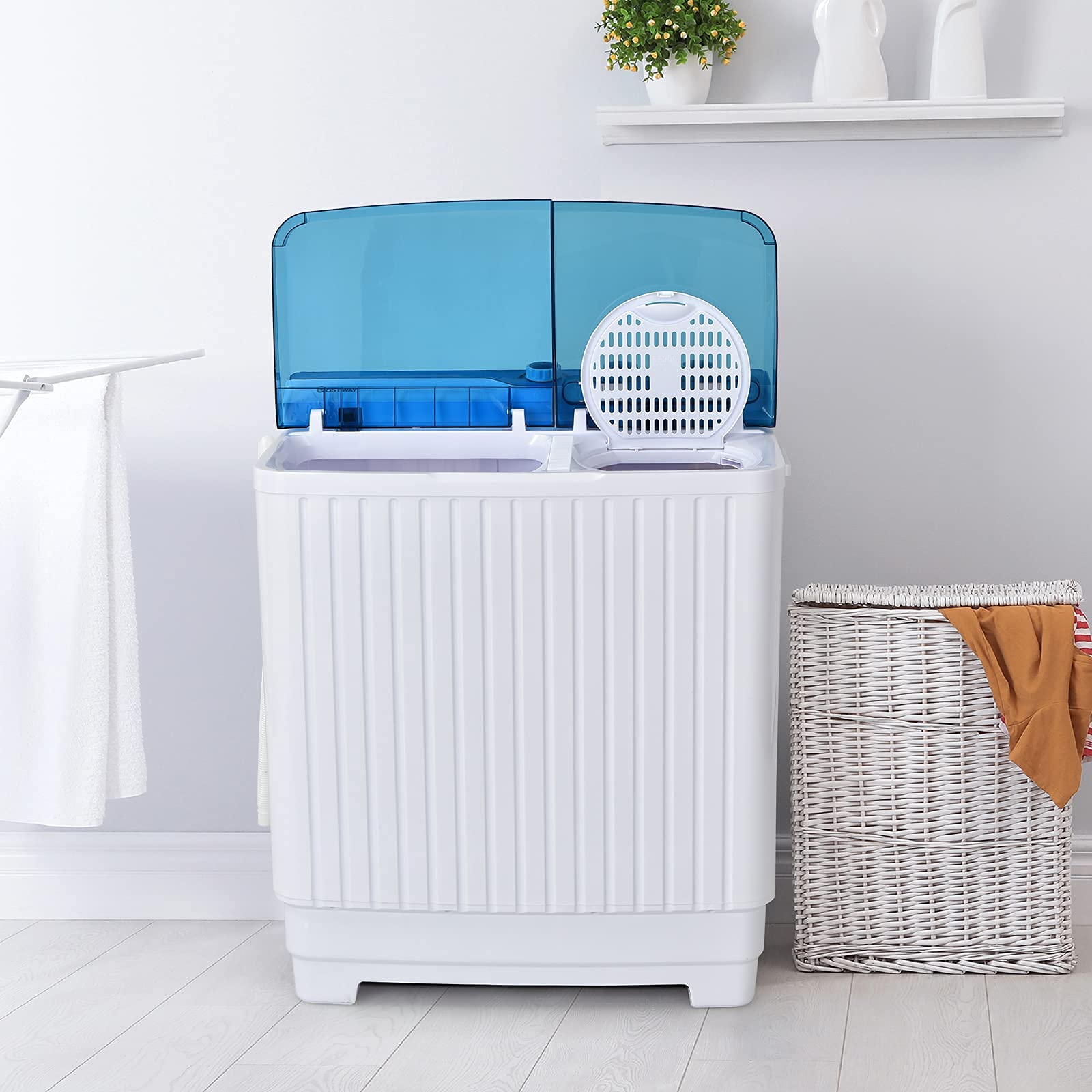 COSTWAY Portable Washing Machine, Twin Tub 28.5Lbs Capacity, Washer(20Lbs) and Spinner(8.5Lbs), Laundry Machine with Control Knobs, Timer Function, Drain Pump, Compact washer for Apartment, RV (Blue)