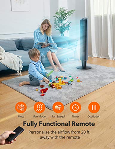 Orgtoy Tower Fan for Bedroom, 42” Oscillating Cooling Fan with Remote, Height Adjustable, 12H Timer, 5 Speeds, LED Display, Low Noise, Touchpad, Space-Saving, Quiet Stand Up Fan for Offices and Home