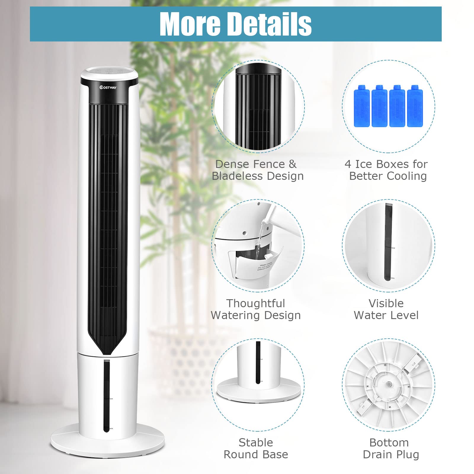 COSTWAY Portable Evaporative Air Cooler for Room, Quiet 41-inch Oscillating Air cooler with Remote, 3 Modes, 3 Speeds, LED Display, 9H Timer, Floor Standing Bladeless Cooler for Home Office Bedroom