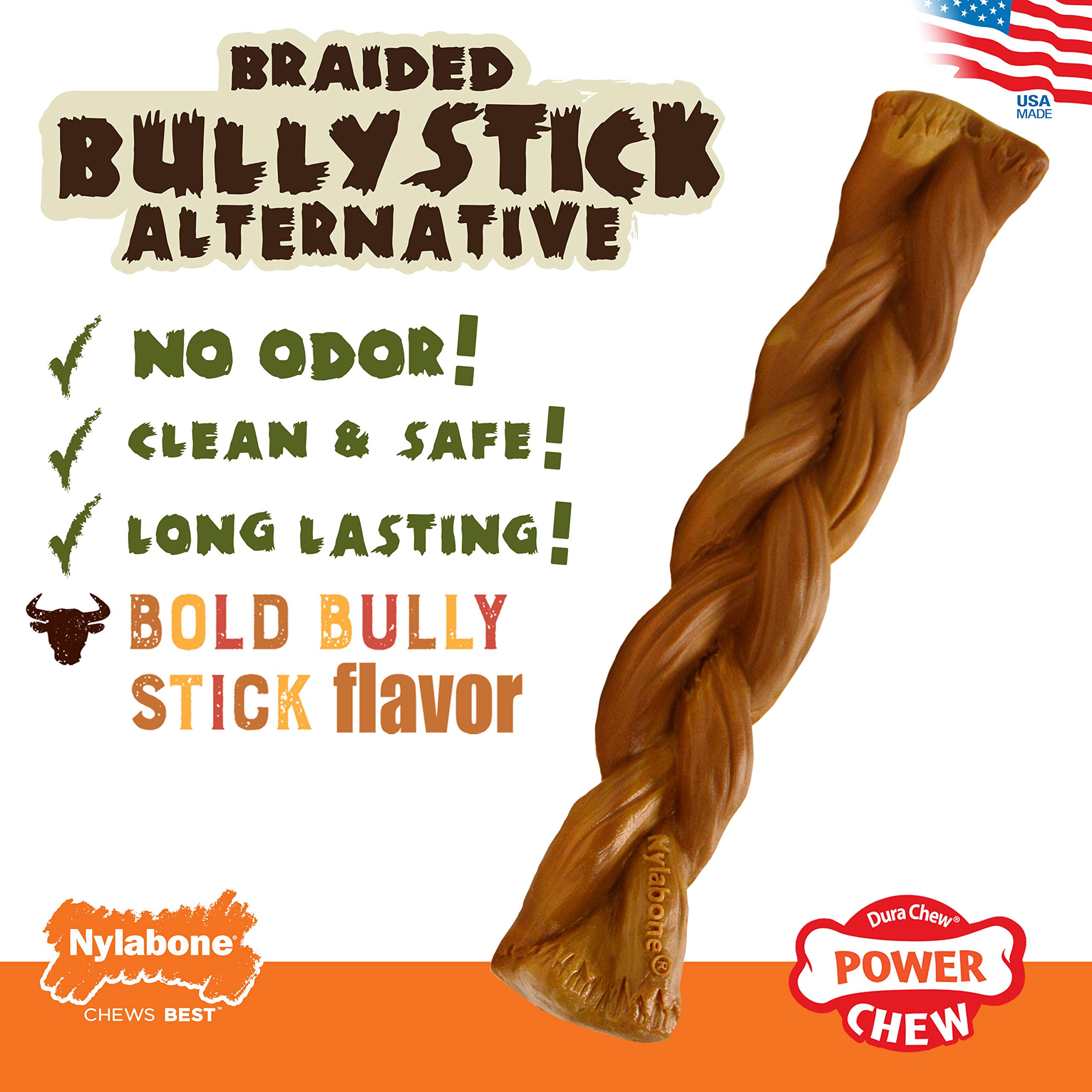 Nylabone Power Chew Braided Rawhide Bully Stick Alternative Nylon Chew Toy for Dogs, Dog Toys for Aggressive Chewers, Beef Flavor, Large/Giant (1 Count)