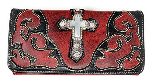 Premium Rhinestone Cross Cut Out Western Embroidered Womens Concealed Carry Handbag With Matching Wallet in 5 colors (Red)