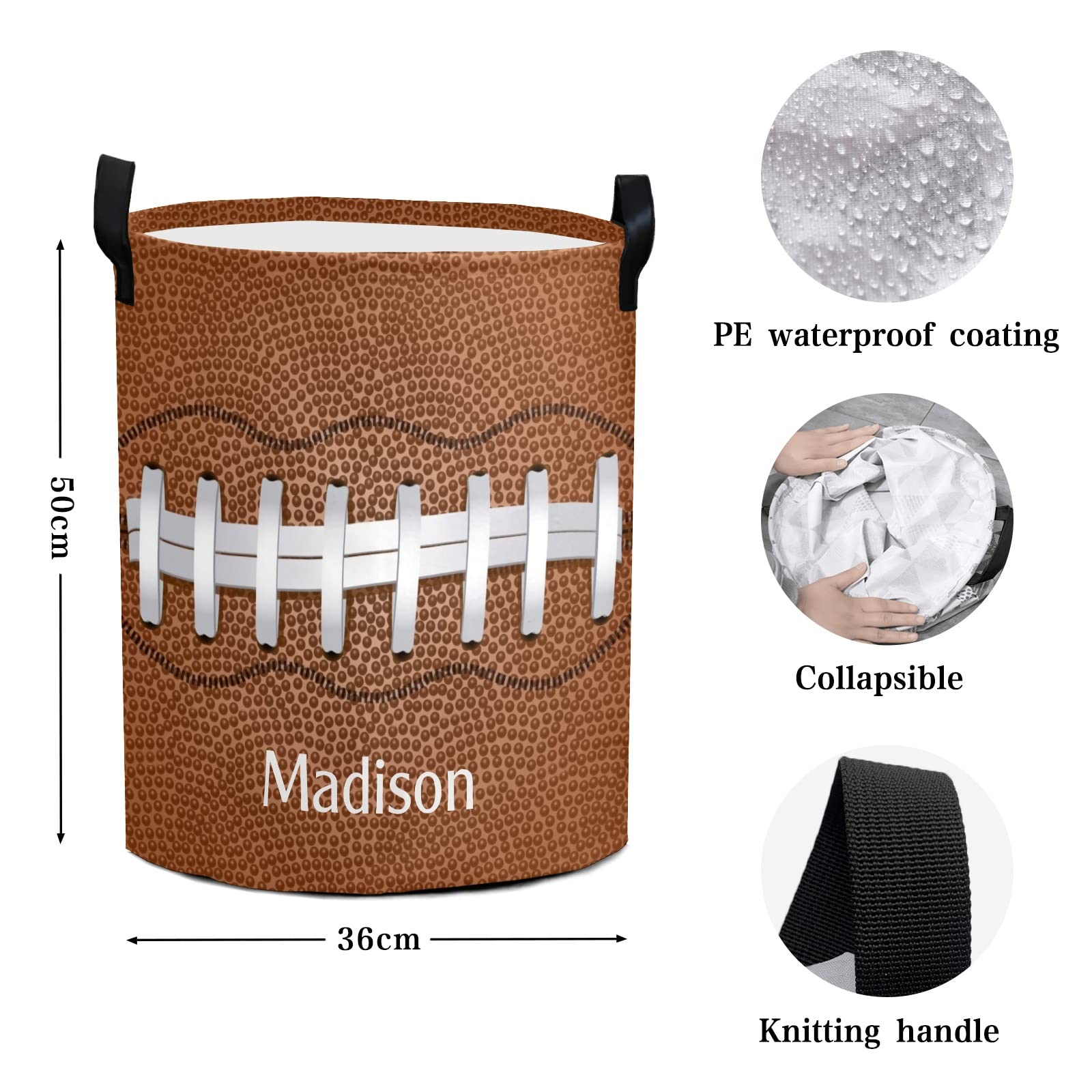 Football Laces Personalized Laundry Hamper,Custom Name Collapsible Waterproof Laundry Basket Storage Bins with Handle for Clothes,Toy,Nursery