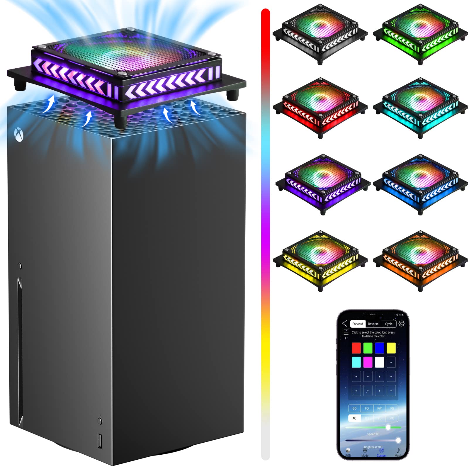 Gina Upgraded Cooling Fan for Xbox Series X with RGB LED Light Strip, App Control, Top Fan Cooler System, Dust Filter Cover, 8 Colors 400 Effects, USB Powered, Low Noise