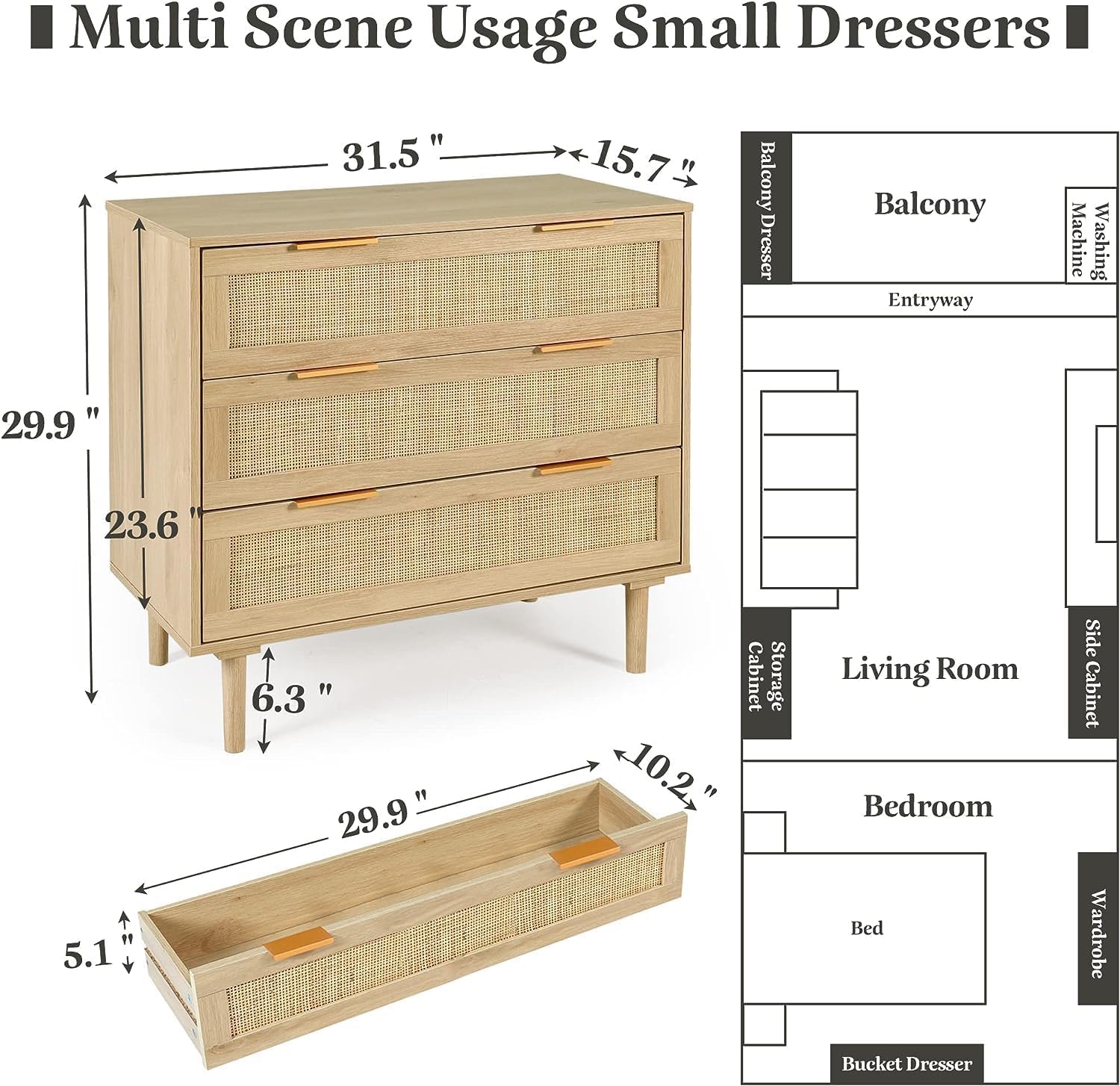 HOPUBUY Large Nightstand Set of 2 with Rattan Drawer, Modern 3 Drawer Night Stand for Bedroom, Wooden Bedside Table for Queen Size and King Size Bed,Oak
