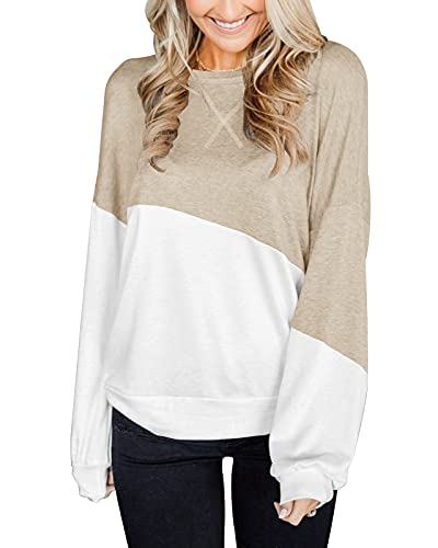Dbtanjy Womens Casual Sweatshirt Relaxed Pullover - Long Sleeve Color Block Tops Loose Fitting Crew Neck Shirts(Z-Beige,Small,Small)