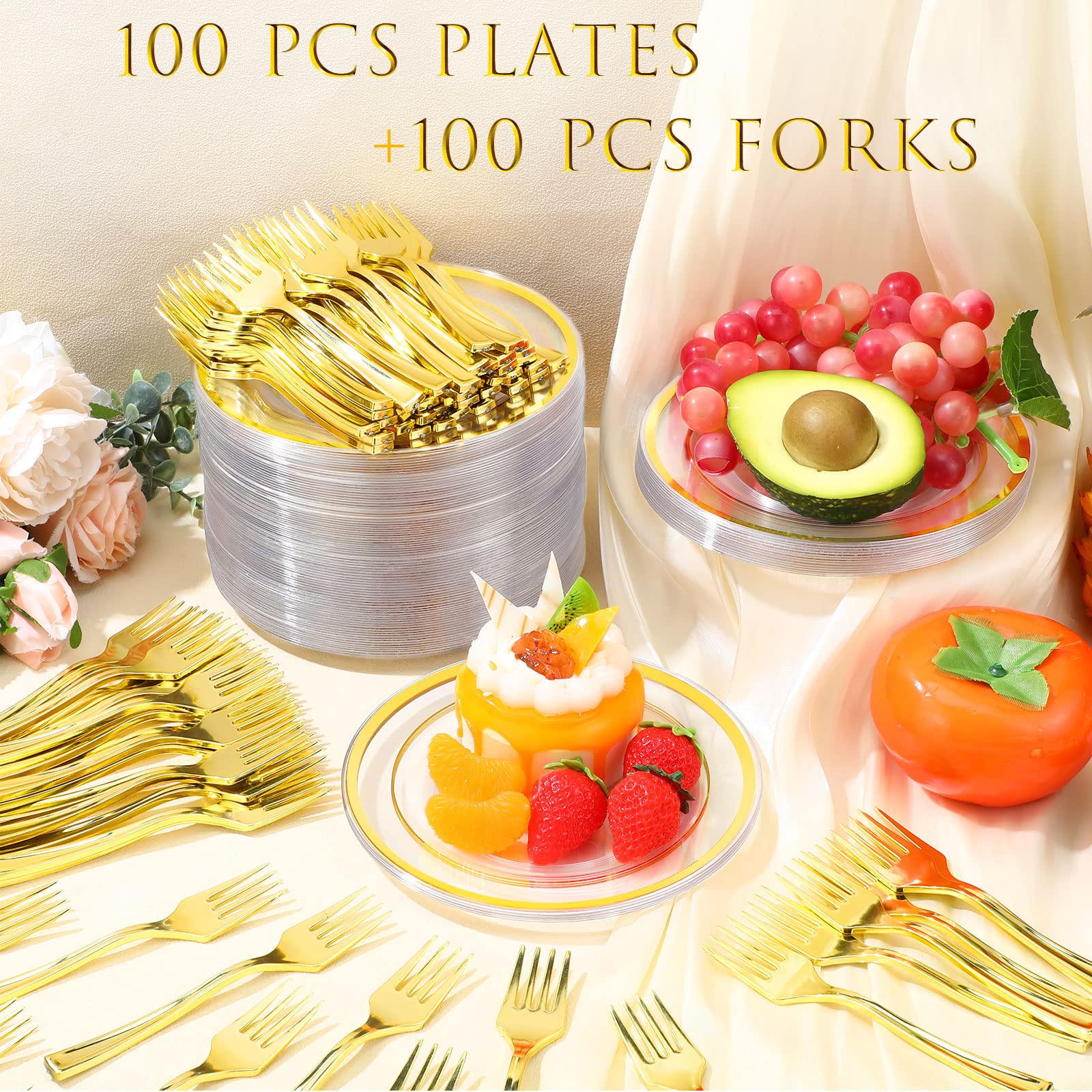 Eccliy 200 Pieces Gold Plastic Dessert Plate Sets 100 Clear Disposable Cake Plate 6 Inch and 100 Fork 5 Inch Gold Rim Round Salad Appetizer Plate Folk Set for Buffet Hotel Birthday Wedding Party