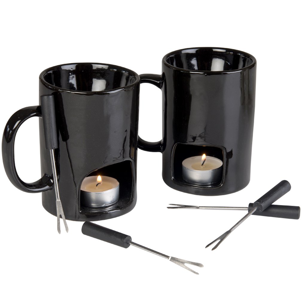 Evelots Mini Fondue Pot Set/Personal Fondue Mugs-Chocolate/Cheese/Fondue Maker Gift Set/2 Ceramic Mugs/Forks/Candles
