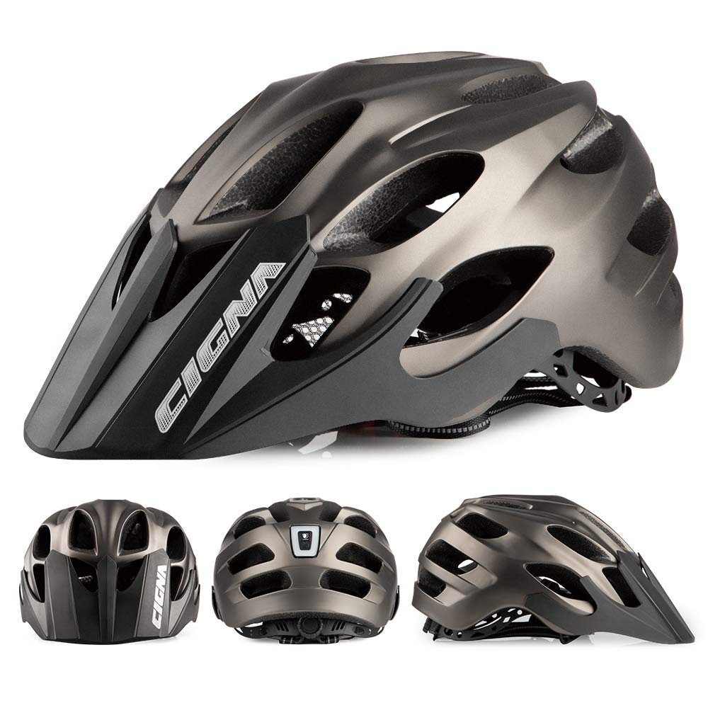 CIGNA Mountain Bike Helmet CPSC Certified for Adults Men/Women, Adjustable MTB Cycling Bicycle Helmet with Rechargeable Led Light Long Detachable Visor - Titanium