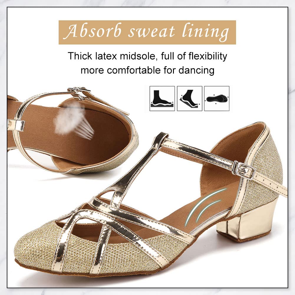 DKZSYIM Glitter Women Latin Dance Shoes Closed Toe Ballroom Salsa Tango Practice Performence Party Dancing Shoes,2040-Gold-3,US 9.5