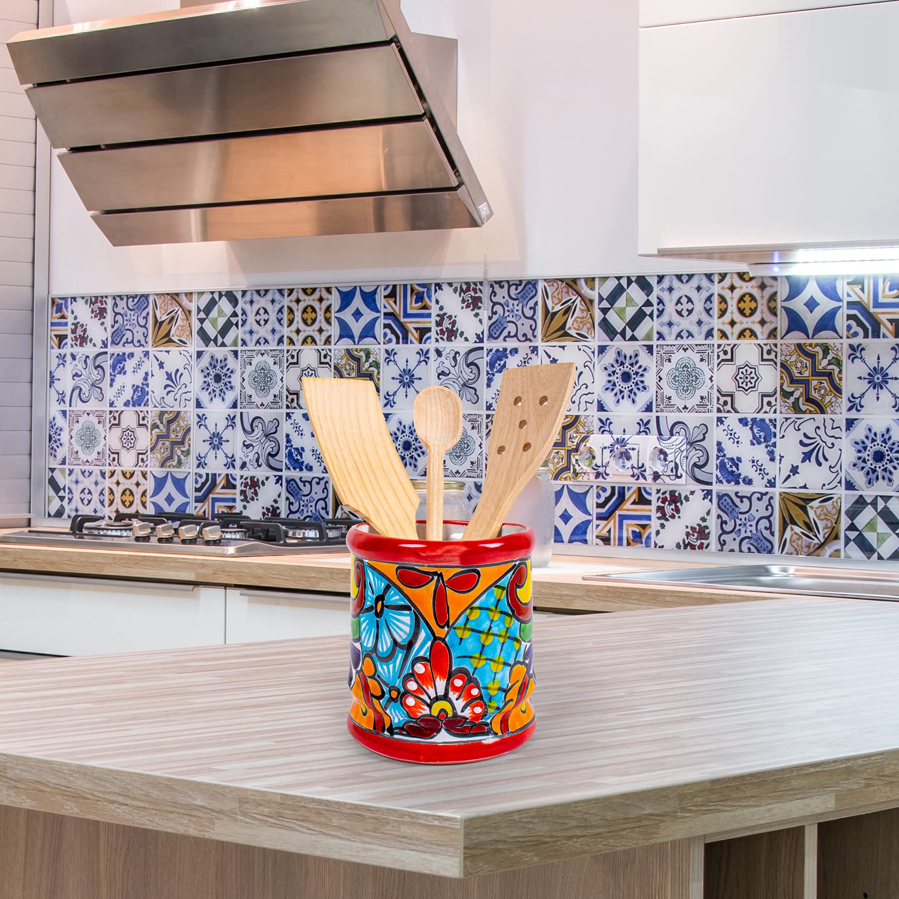 Genuine Mexican Kitchen Talavera Utensil Holder Hand Painted Pottery Ceramic for Kitchen Utensil Crock Spoon Rest Handmade in Mexico by Artisans (Red)