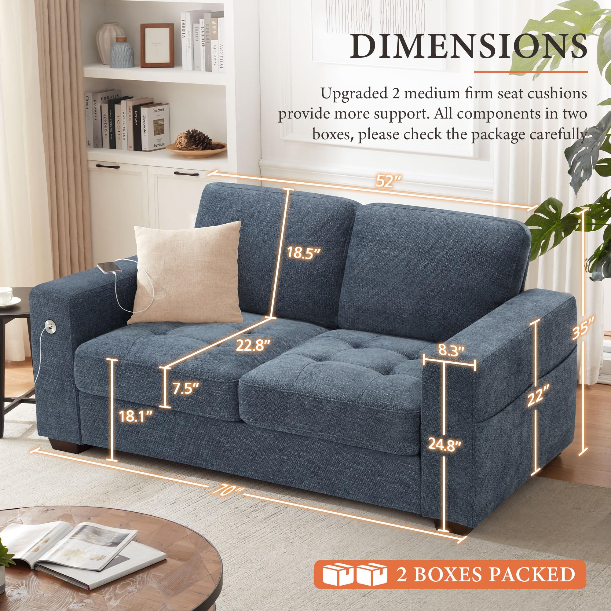 Ihanherry Sofa 70 Inch Loveseat with USB/Type-C Charging Port & Side Pocket, Comfy Modern 2-Seats Sofa for Living Room & Bedroom, Removable Medium Firm Sofa Cushion, Breathable Chenille Fabric, Blue