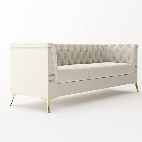 kevinplus Velvet Chesterfield Sofa Couch for Living Room, Modern Tufted 3-Seat Upholstered Sofa Couch for Apartment Bedroom Dorm Office Studio, Gold Metal Legs, Beige