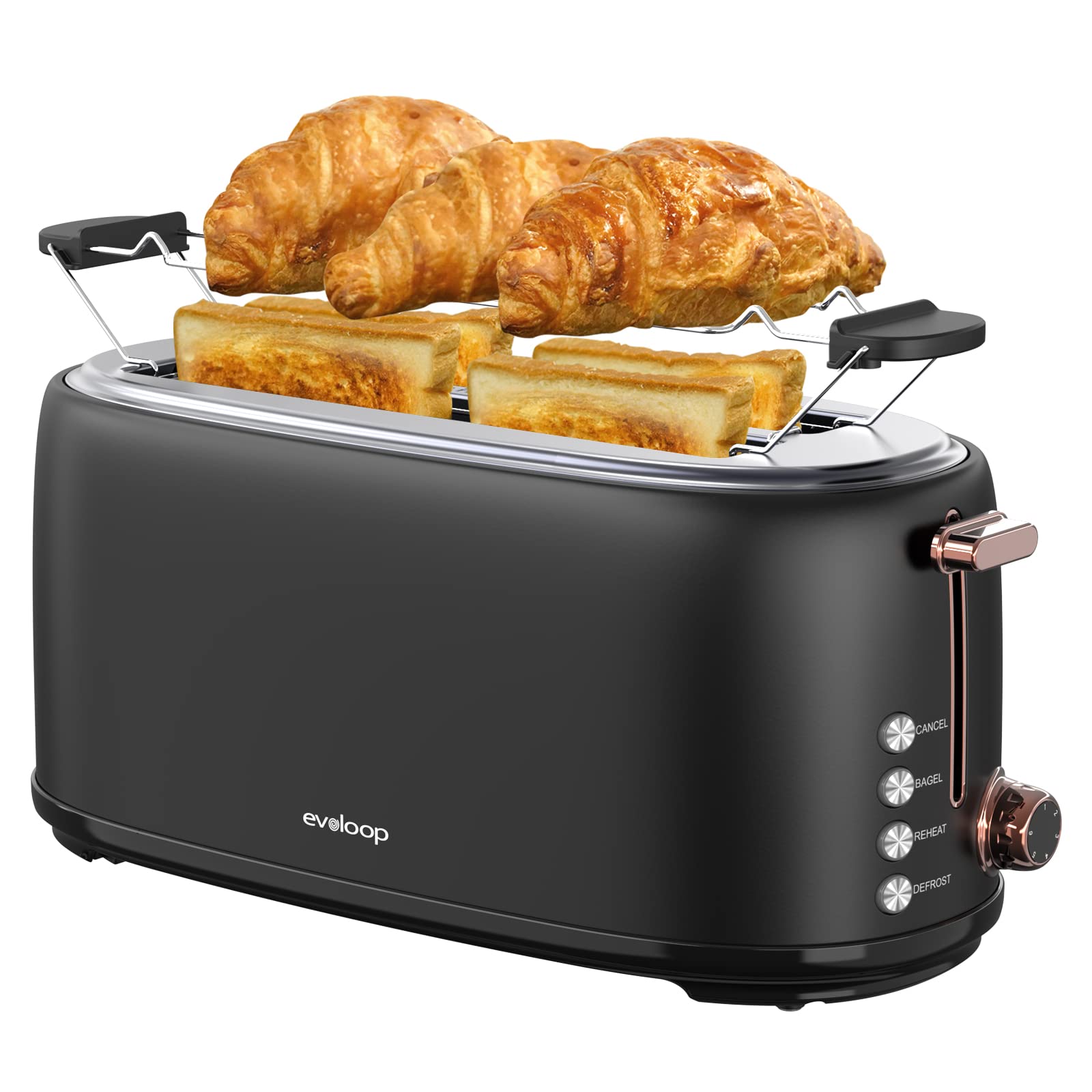 Evoloop Toaster 4 Slice, Stainless Steel Bread Toasters, 6 Bread Shade Settings, Reheat, Bagel, Defrost, Cancel Function, 1.5" Extra Wide Slots,Removable Crumb Tray(Black)
