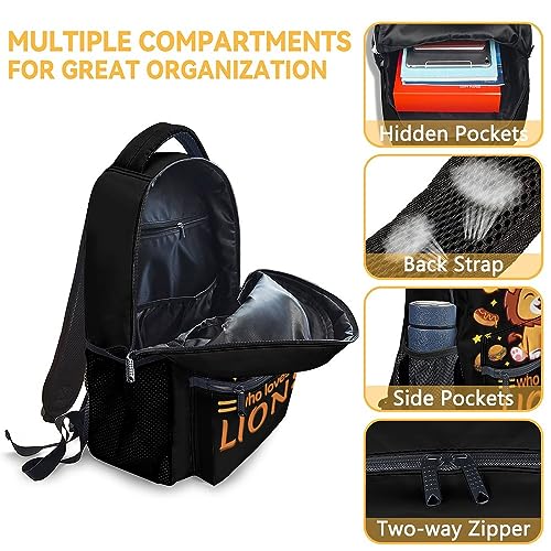 Homexzdiy Lion Backpack for Kids Girls Boys, 16" Black Backpacks for School, Cute Lightweight Bookbag for Children Teens