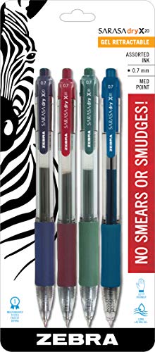Zebra Pen Sarasa Dry X20 Retractable Gel Pen, Medium Point, 0.7mm, Assorted Fashion Color Ink, 4-Pack (Packaging May Vary)
