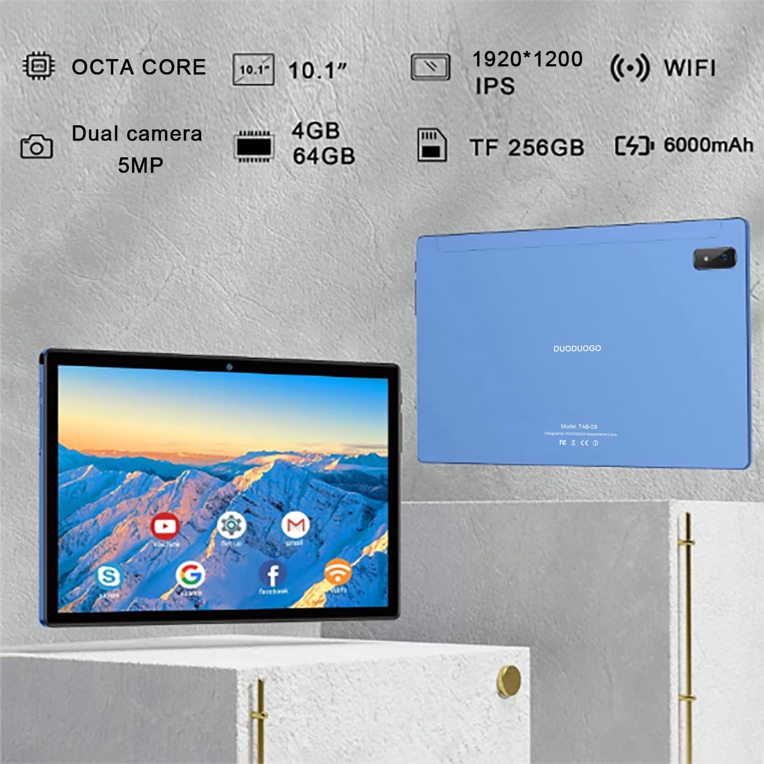 DUODUOGO S9 Tablet, 10.1 Inch Android 11.0 Tablet with 64GB Memory, Octa-Core Processor, 1920x1200 IPS Display, Dual Camera 5MP, 6000mAh Battery, Bluetooth 4.3, WiFi, Blue