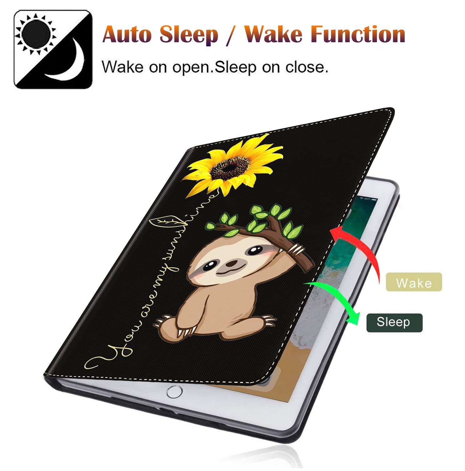 for iPad 10.2/10.5Case,with Coaster Adjustable Stand Auto Wake & Sleep Smart Cover for iPad 9th / 8th / 7th Generation (2021/2020/2019) 10.2 inch/iPad Air 10.5" 2019 - Sunflower and Sloth (Pen Bag)