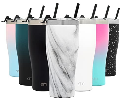 Simple Modern Tumbler with Clear Flip Lid and Straw | Reusable Insulated Water Bottle Stainless Steel Travel Mug | Slim Cruiser Collection | 32oz, Pattern: Carrara Marble