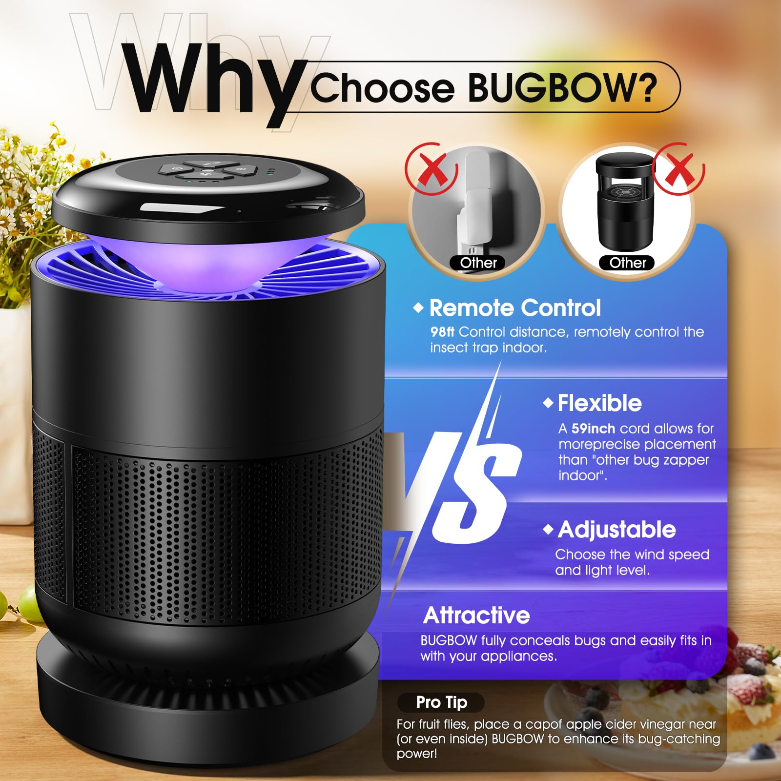 Fly Trap Indoor, Bug Light Trap Indoor, Remote Control Fruit Fly Trap, Gnat Trap, Mosquito Trap, Catch Insect Indoor with Light Suction Sticky Glue, Adjustable Brightness and Fans (Black&Dark Blue)