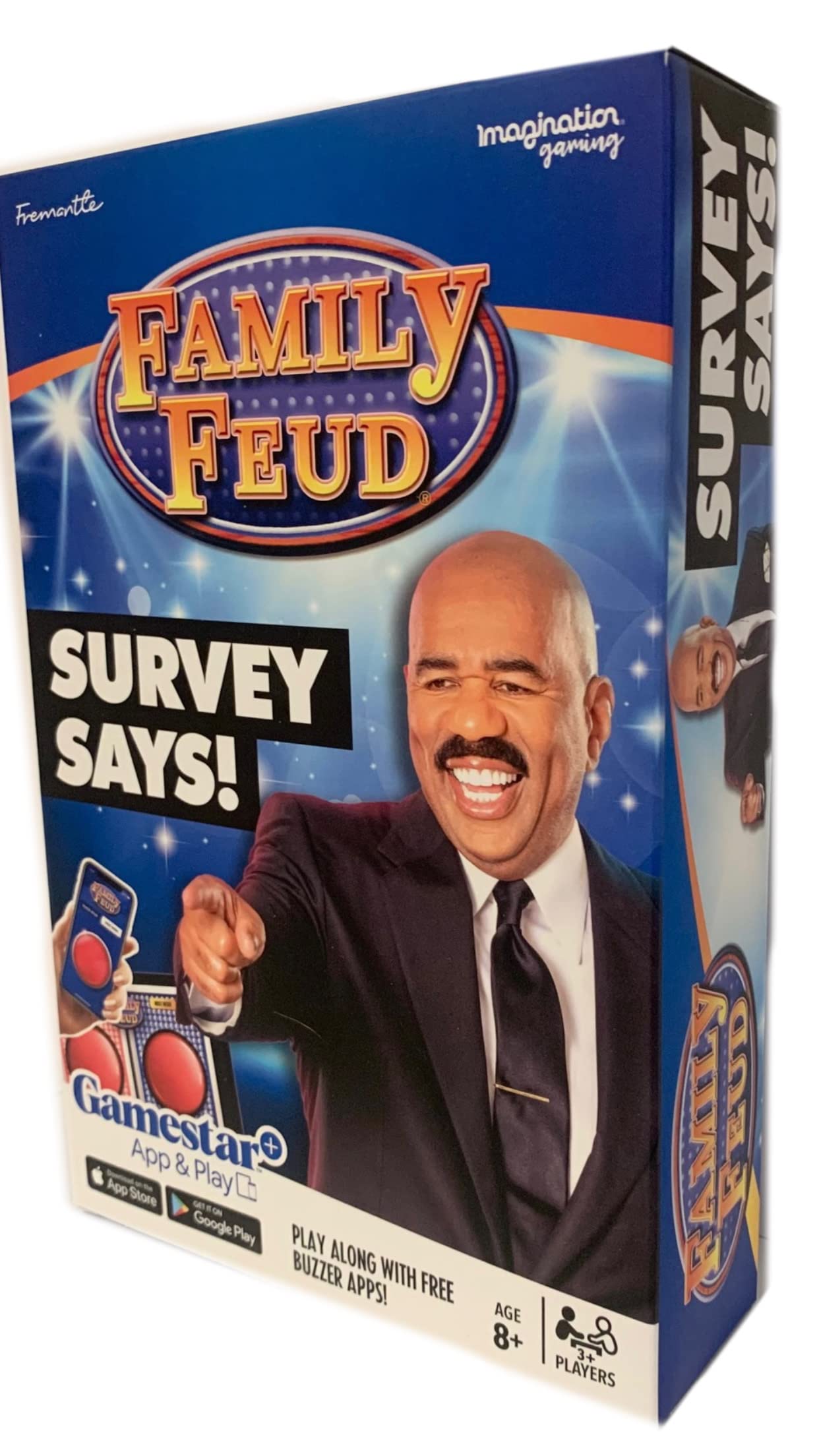 Family FEUD Survey Says Edition Card Game, Steve Sticker Bundle, Complete with Hundreds of Survey Questions, Complementary App with Sound Effects from The Show