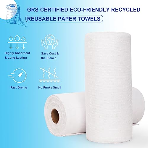 Reusable Paper Towels Washable Roll: 50Pack Paperless Paper Towels Tear Away 12x12In Eco Friendly Absorbent Cloth Paper Towels Reusable Washable for Kitchen Zero Waste (White)