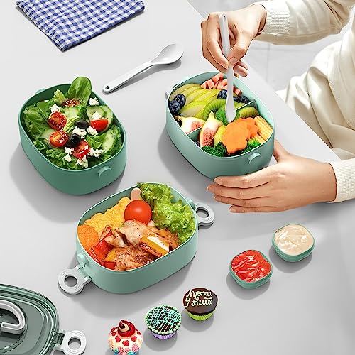 KHOXU Bento Lunch Box, Stackable 3 Layers Bento Box Adult Lunch Box, 94OZ Large Capacity Lunch Containers, Lunch Box Kids with Accessories Kit , Leak-Proof, Food-Safe Materials, Green