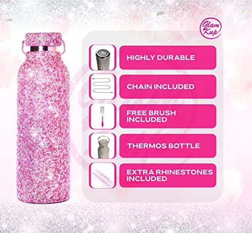 GlamKup Diamond Water Bottle Bling Cup Glitter Water Bottle Rhinestone Dazzling Stainless Steel Insulated Bottle Sparkling Cup Thermos Bottle with Chain Brush Extra Rhinestone