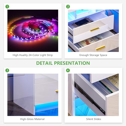HNEBC LED Nightstand, RGB White Night Stand with USB/Wireless Charging Station, Modern Bedside Table has Auto Sensor RGB Lights, End Side Table with 2 Drawer for Bedroom Furniture, White
