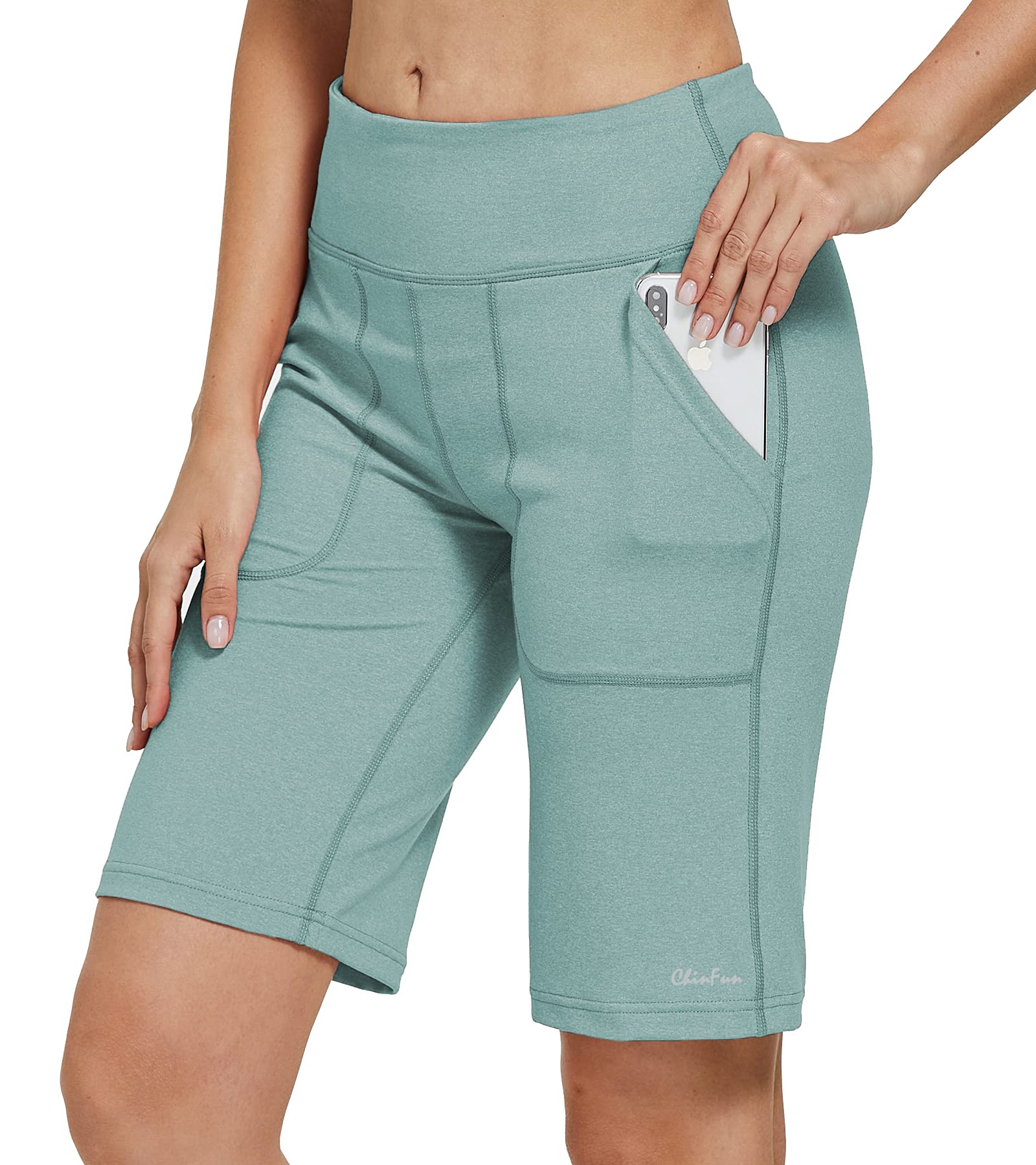 ChinFun Women's 10" High Waist Yoga Shorts Bermuda Shorts Athletic RunningWorkout Lounge Shorts with Deep PocketsLight Heather Blue XL