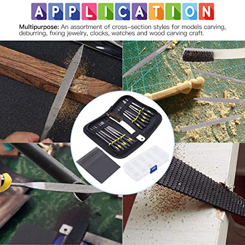 Glarks 18Pcs Assorted Wood Rasp Set Include 12Pcs Mini Hand Metal Files, A Brush and Storage Box with 4Pcs Sandpaper for Fixing Jewelers Diamond Wood Carving Craft