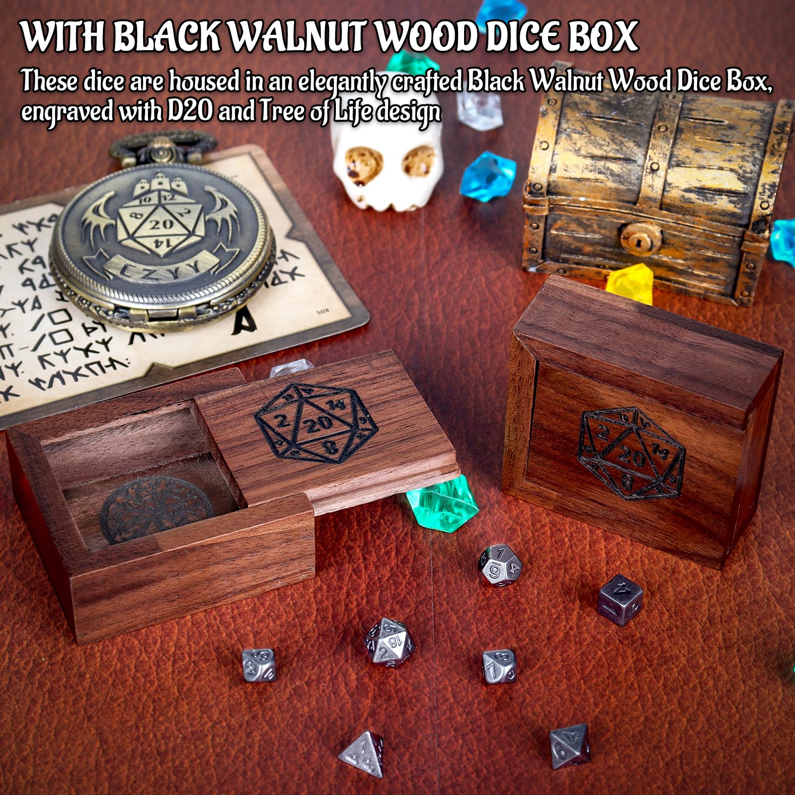 CZYY DND 6mm Micro Polyhedral Mini Dice Set + Black Walnut Wood Box Engraved with D20 & Tree of Life Perfect for Dungeons and Dragons, Tabletop RPG Cards Board Games, Silver