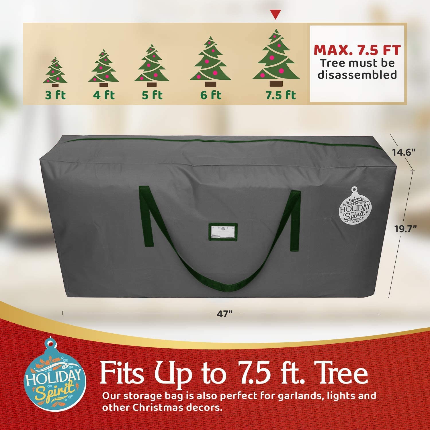 HOLIDAY SPIRIT Christmas Tree Storage Bag - Heavy-Duty Christmas Tree Bag with Durable Reinforced Handles and Zipper, Waterproof Storage Bag Protects from Moisture and Dust (Fits a 7.5FT Tree)