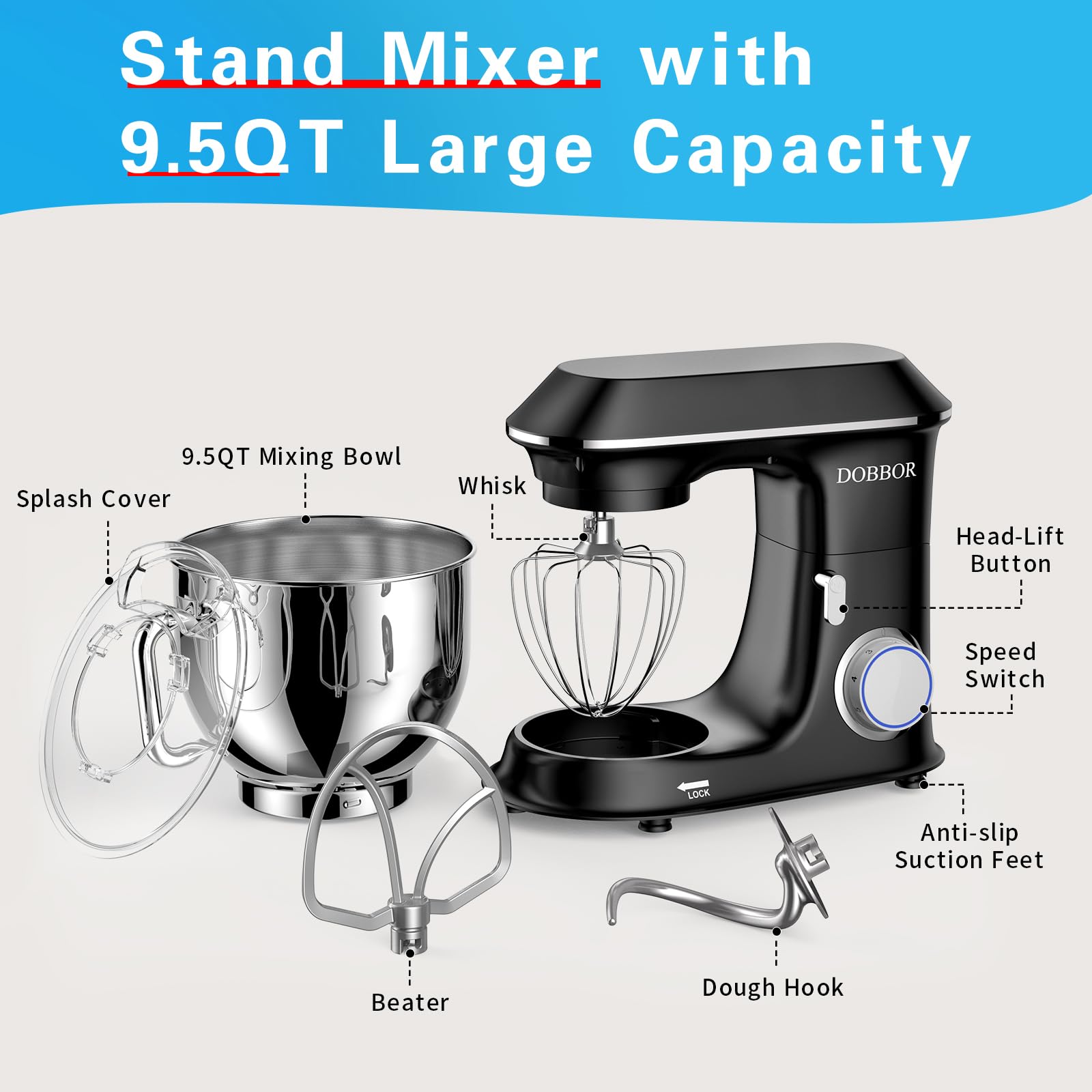 DOBBOR Electric Stand mixer, 9.5QT 660W 7 Speeds Tilt-Head Dough Mixers, Bread Mixer with Dough Hook, Whisk, Beater, Splash Guard for Baking Bread, Cake, Cookie, Pizza, Muffin, Salad and More - Gold