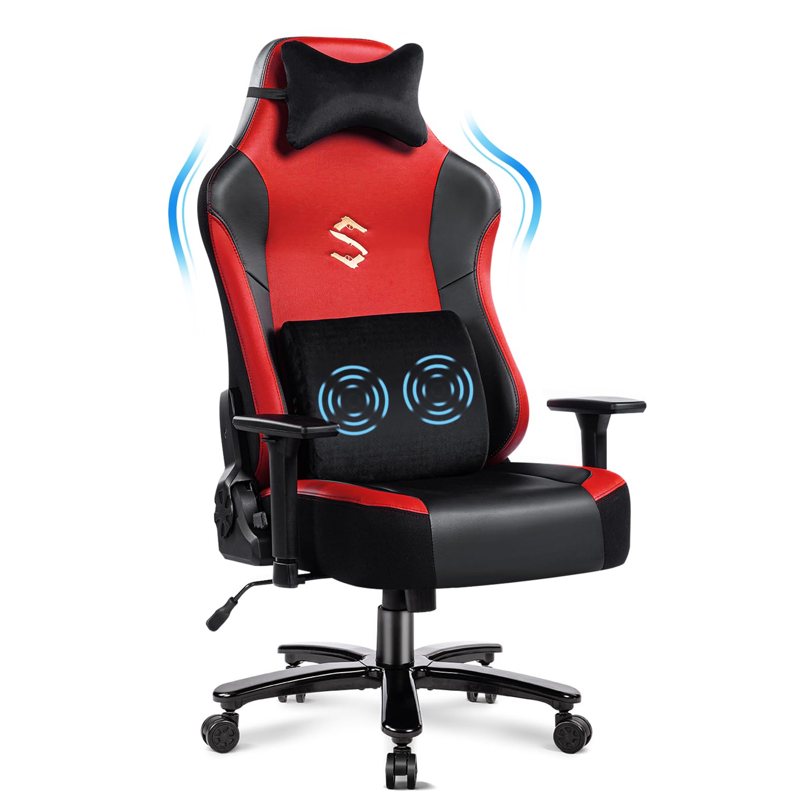 Fantasylab Big and Tall 400lb Massage Memory Foam Gaming Chair Adjustable Tilt, Back Angle and 3D Arms High-Back Leather Racing Executive Computer Desk Office Chair, Metal Base, Red