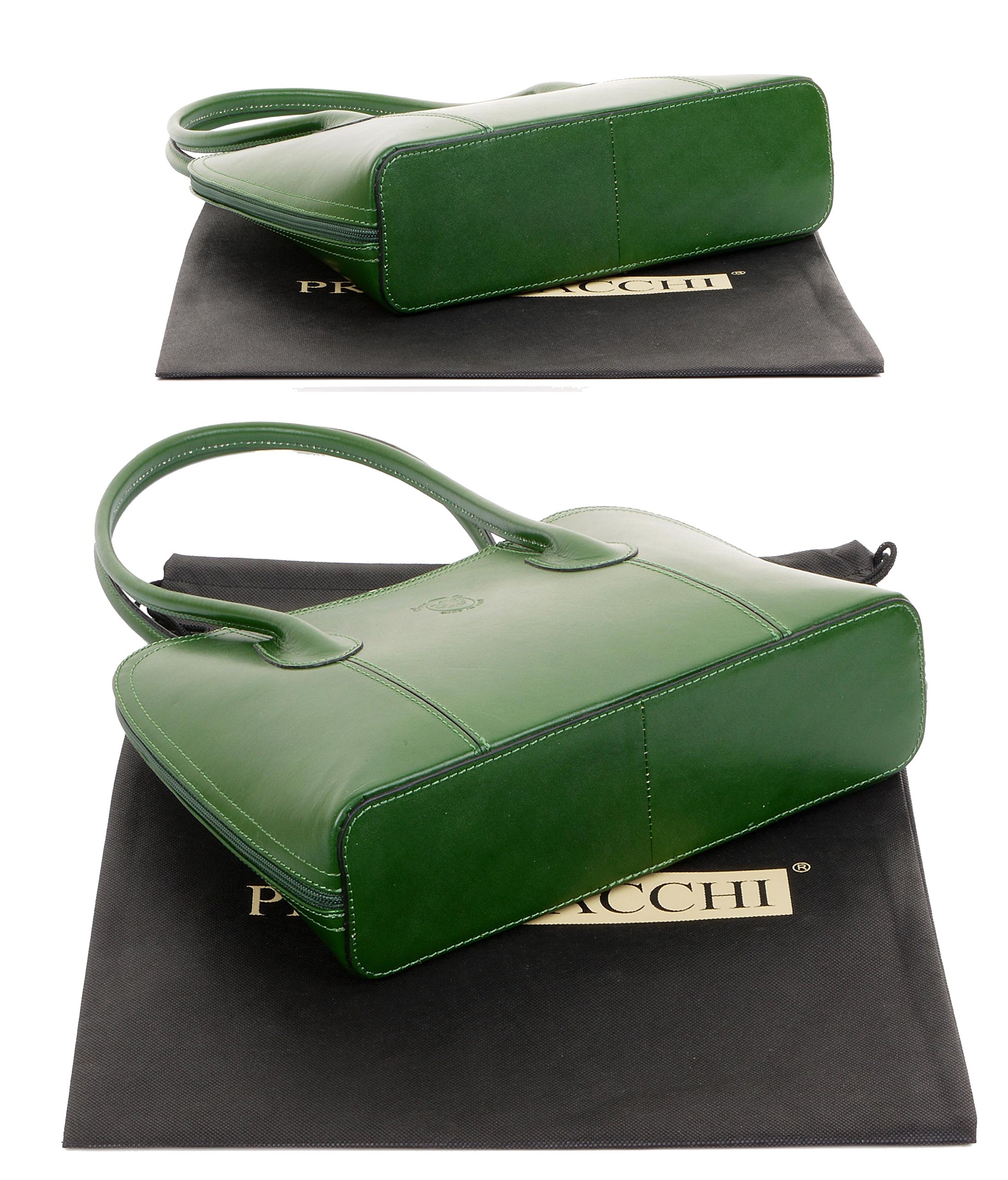 PRIMO SACCHI Italian Smooth Leather Green Classic Long Handled Handbag Tote Grab Bag Shoulder Bag