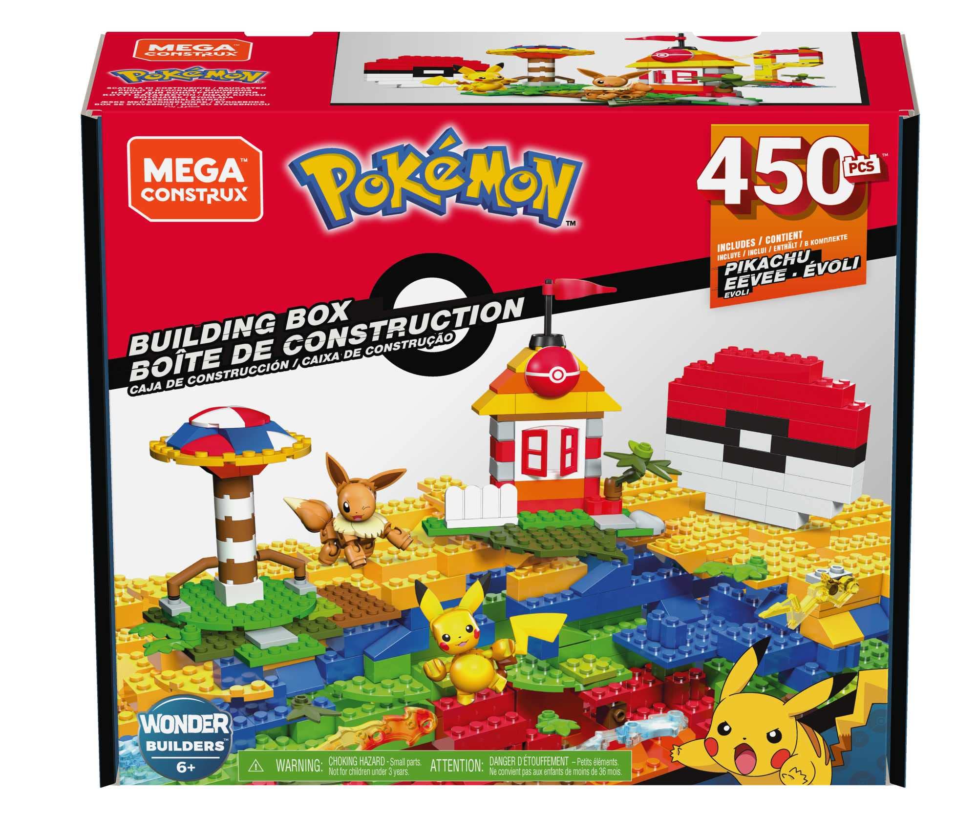 Mega Pokémon Building Toys Set, Building Box with 450 Pieces, 2 Poseable Characters and Storage Box, for Kids