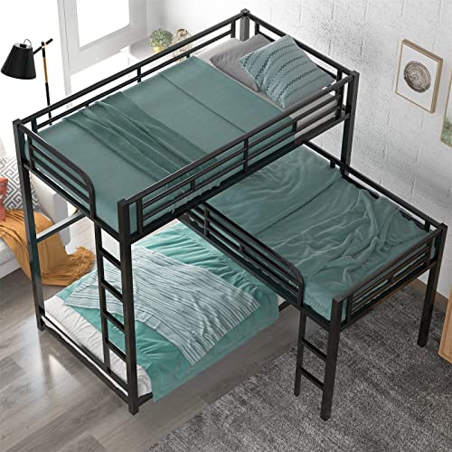 Triple Bunk Beds, L-Shaped Bunk Bed for 3 Kids Adults with 2 Built-in Ladders and Full-Length Guardrails, Space-Saving, Noise-Free Metal Triple Bunk Bed